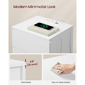 VASAGLE Nightstand with Charging Station, 2 AC Outlets and 2 USB Ports, Bedside Table, Side Table with 3 Drawers, Modern Style, 13.8 x 15.7 x 23.2 Inches, Cloud White ULET631W16