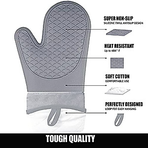 Win Change Oven Mitts Silicone Heat Resistant,Oven Mitts and Pot Holders Sets Soft Cotton Lining,Waterproof,Thick Gloves Pot Holders for Kitchen Baking Cooking,Pack of 4 (Agray)