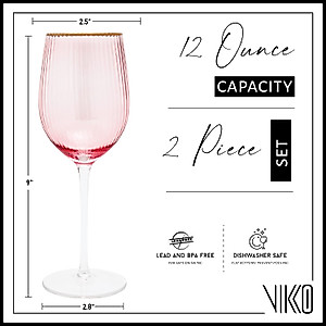 Vikko Décor Wine Glasses, Set of 2 Peach Blown Glass with Gold Rim, 11 Ounce Fancy Wine Glasses With Stem for Red and White Wine, Dishwasher Safe Goblets, Decorative Wine Glasses