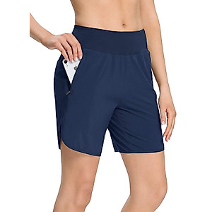 MOCOLY Womens Quick-Dry Running Shorts Athletic Sports Workout Shorts Lightweight Gym Yoga Shorts 7 Inches Loose Fit Zip Pocket Navy Blue S