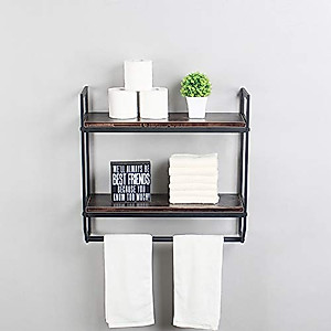OISSIO Bathroom Shelves Wall Mounted,2 Layer Bathroom Shelf with Towel Bar,Storage Shelves for Kitchen,Metal&Wood Floating Shelves, Rustic Industrial Bathroom Shelves,Vintage Black