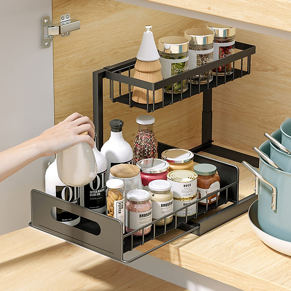 Under Sink Organizers and Storage - ZeJlo Metal 2 Tier Rustproof Under Cabinet Storage - Sliding Kitchen Sink Organizer for Kitchen Bathroom