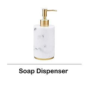 5-Piece Bathroom Counter Top Accessory Set - Dispenser for Liquid Soap or Lotion, Soap Dish, Toothbrush Holder and 2 Tumblers, Gold Base, Marble Pattern Resin (White)