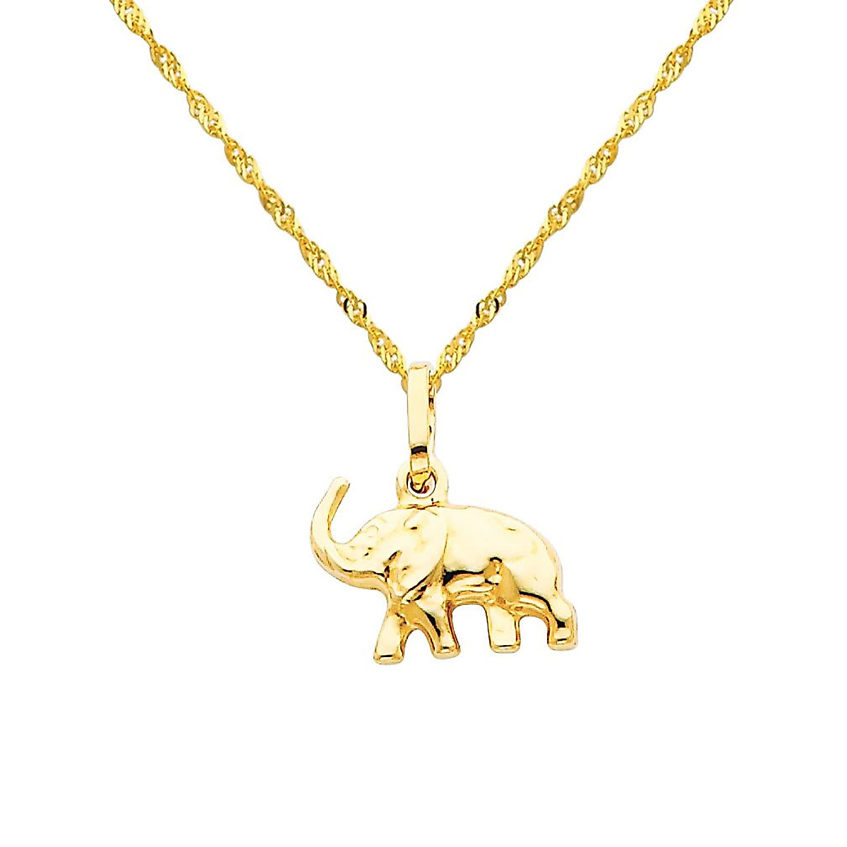 The World Jewelry Center 14k REAL Yellow Gold Elephant Pendant with 1.2mm Singapore Chain Necklace - 20"