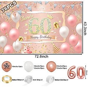 60th Birthday Decorations Women, Including Pink Rose Gold 60th Birthday Banner Backdrop Decor, Number 60th Birthday Balloon, 70 Pieces Rose Gold Balloon Arch Garland Kit for 60th Birthday