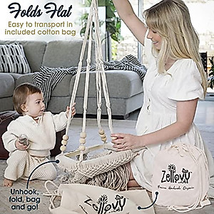 ZELLOVY Organic Macrame Baby Swing Chair with Cushion & Portable Canvas Backpack | Boho Baby Swing Outdoor Indoor Infants & Toddler | Hanging Rope Baby Gift Swing | Handmade Crochet Baby Hammock Swing