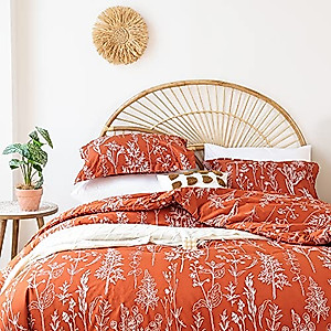 JANZAA Duvet Cover Queen Terracotta 3 Pieces Boho Duvet Cover with White Botanical Patterns Soft Floral Bed Cover with Zipper Closure 4 Ties (2 Pillow Cases)