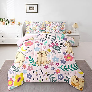 Erosebridal Floral Dog Comforter for Boys Girls Twin Pink Dog Bedding Set Cartoon Animal Comforter Sets,Cute Botanical Golden Retriever Puppy Bed Sets with 1 Pillowcase Soft