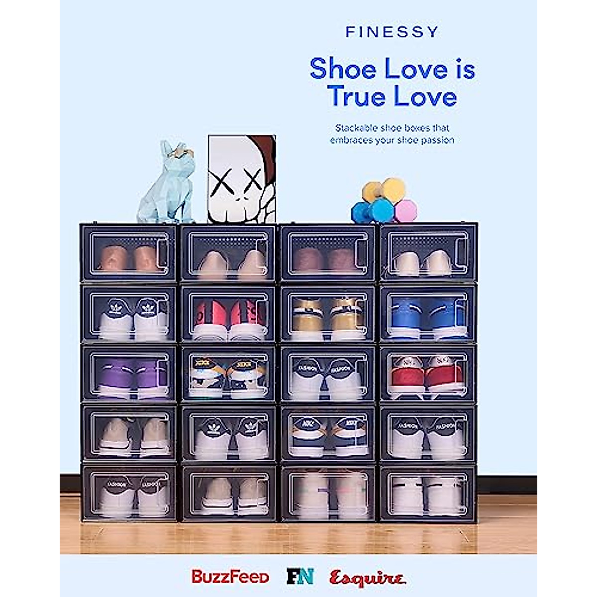 FINESSY Shoe Storage Shoe Organizer Cabinet, 12 Pack Medium Shoe Rack Closet Organizer and Storage Bins, Black Shoe Container Stackable Shoe Boxes Clear Plastic Stackable Shoe Holder