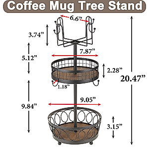 Coffee Cup Tree Coffee Mug Holder Tree Stand 4 Tiers Coffee Cup Stand with 12 Mug Hooks Mug Rack Countertop with Storage Basket Coffee Mug Tree for Counter with Wooden Handle Perfect for Bar Kitchen