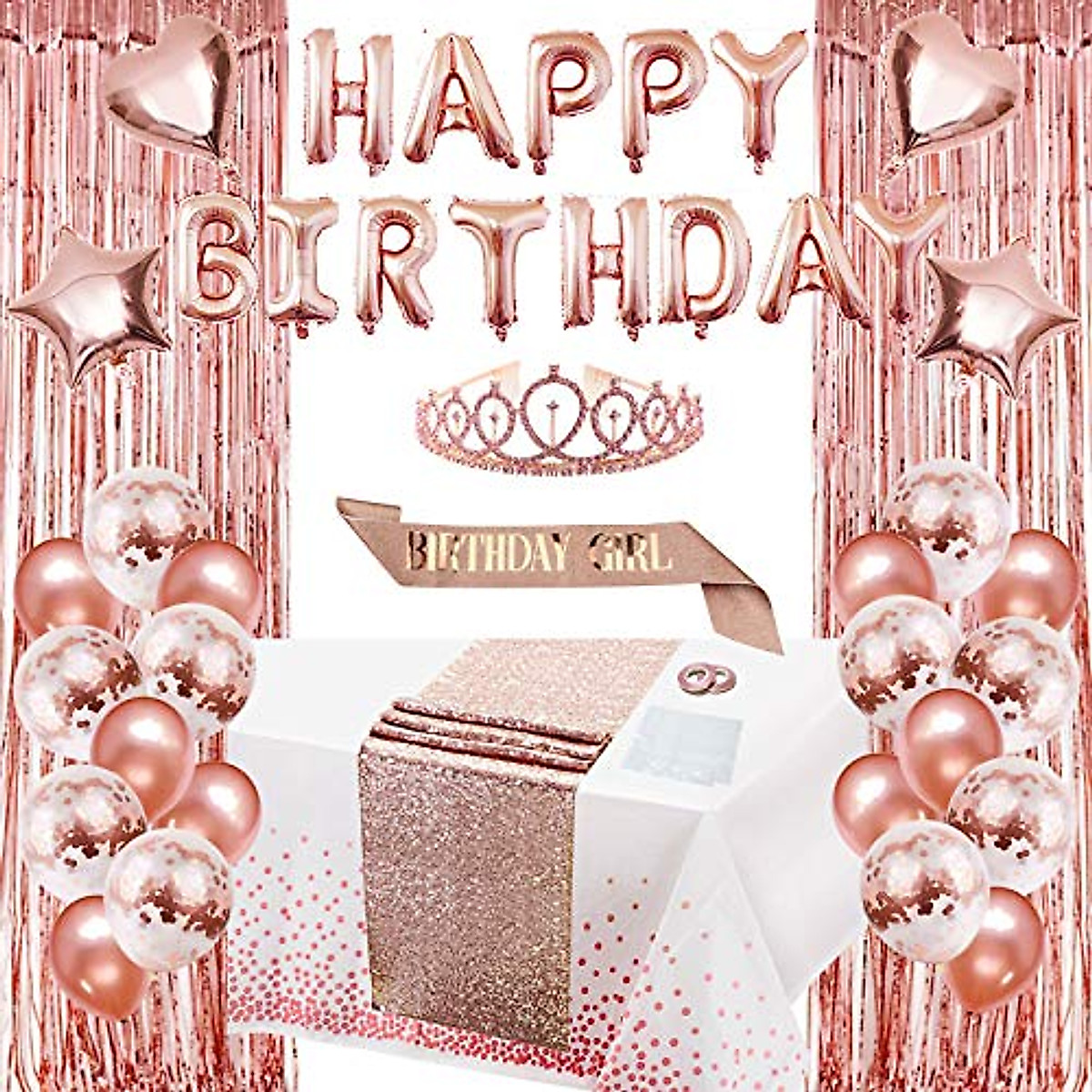 ZERODECO Rose Gold Birthday Party Decorations, Happy Birthday Banner, Glitter and White Table Runner, Sash, Queen Tiara, Fringe Curtains, Foil Confetti Balloon Party Decorations for Girls and Women