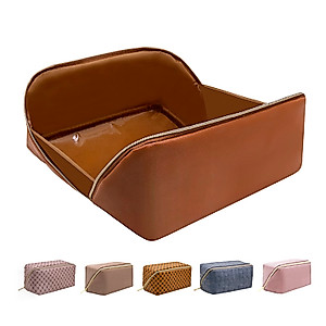 Makeup Bag,Large Capacity Travel Cosmetic Bag for Women, Multifunctional Open Flat Toiletry Bag with Handle,Washable Waterproof Beauty Zipper Makeup Organizer (Synthetic leather, brown)