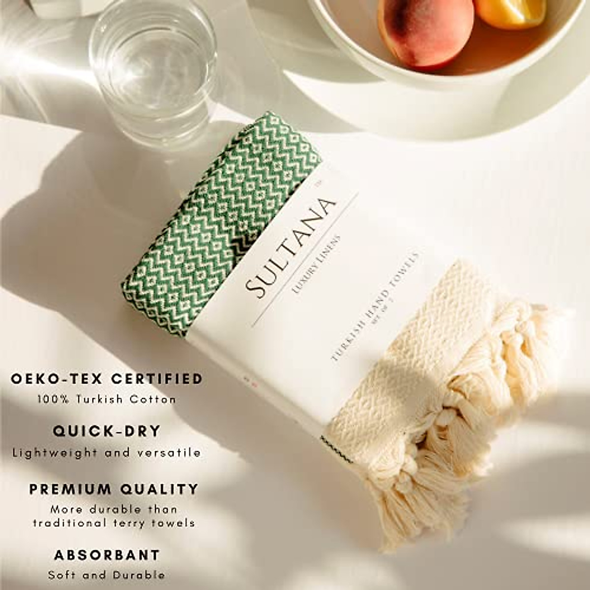 Sultana Luxury Linens - Turkish Hand Towels Set of 2 | 100% Turkish Cotton | Decorative Kitchen and Bathroom Hand Towel for Tea, Face, Hair, Dish, Spa, and Bath |19 x 39 Inches (Forest Green)