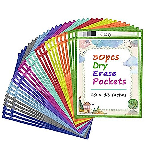 Antner 30 Pack Oversized Dry Erase Pockets Sleeves Reusable Ticket Holders, Clear Plastic Sheet Page Protectors, Heavy Duty Work Pockets School Teacher Classroom Office Organization Supplies, 10 Color