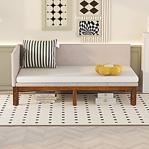 Upholstered Daybed/Sofa Bed Frame/Wood Floor Bed with Linen Cover Mattress/Futon Sleeper Beds, Twin Size, Beige
