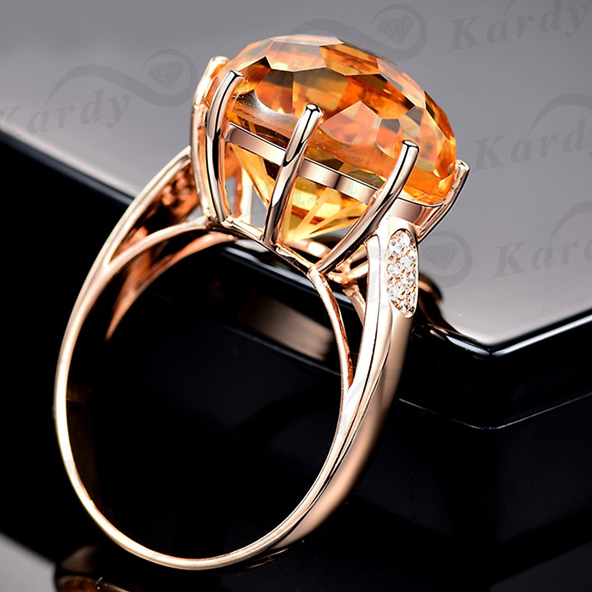 Kardy Amazing Women's Solid 14K Rose Gold Natural Citrine Gemstone Prong Diamond Wedding Engagement Ring Sets