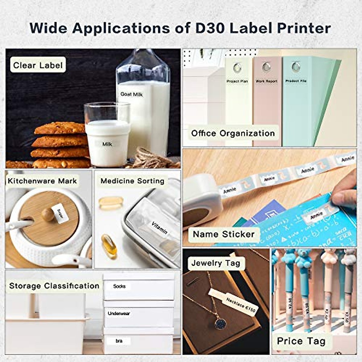 Memoking Label Maker Machine with Tape D30 Small Portable Inkless Handheld USB Label Printer for Clear Label, Document, Kitchen, Compatible with Smartphone and Tablet, with 12x40mm Label, White