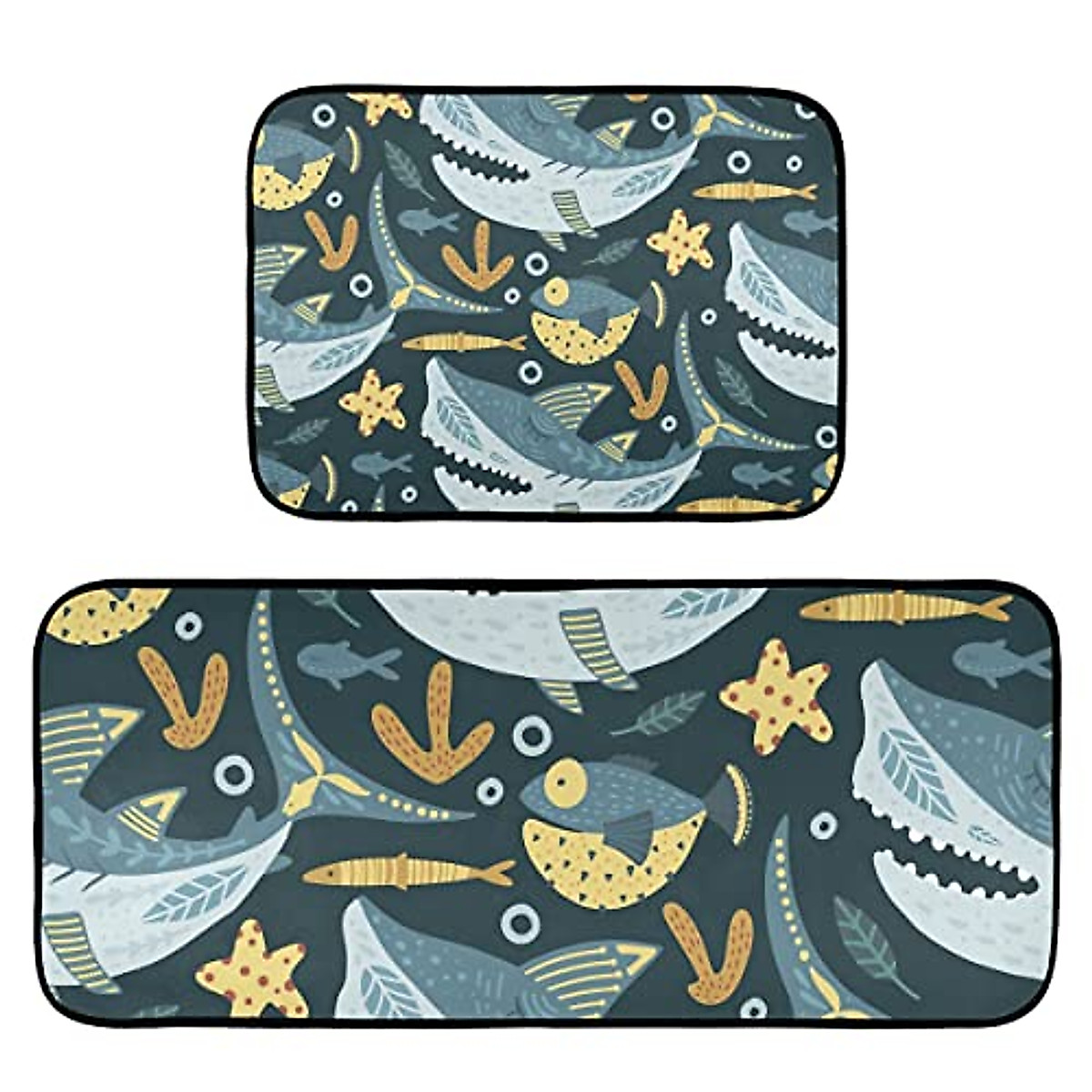 Funny Shark Fish Kitchen Rugs and Mats Set 2 Piece Non Slip Washable Runner Rug Set of 2 for Kitchen Sink Floor Home Decor Laundry