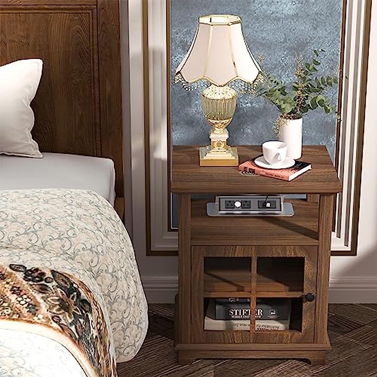 FAGAGA End Table with Charging Station, Side Table with Storage, Wireless Charging End Table for Living Room,Dark Walnut Nightstand with Adjustable Shelf