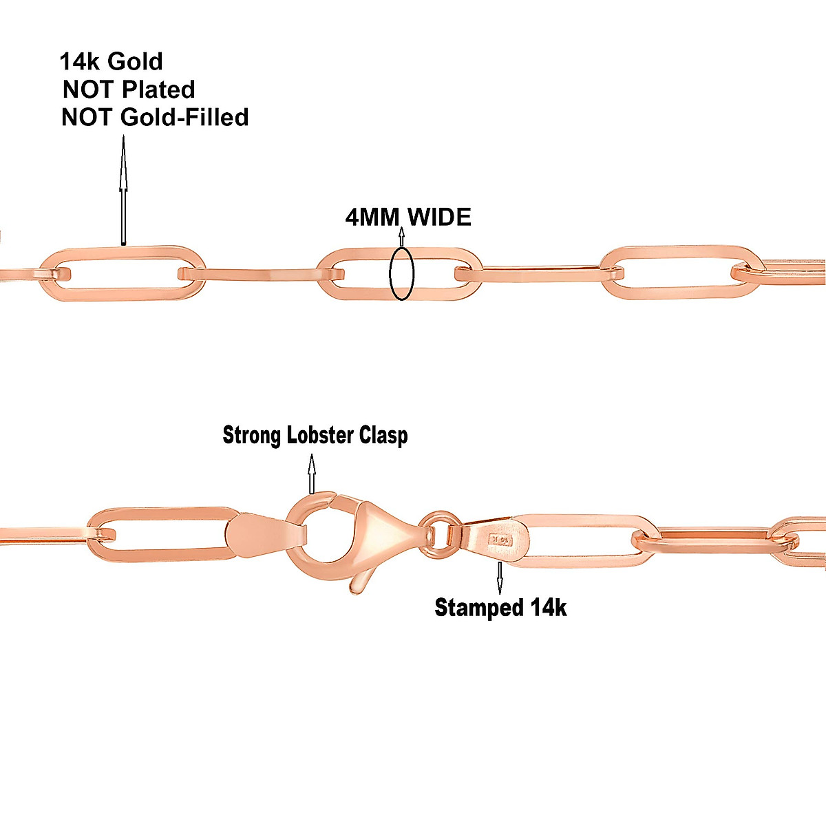 Paperclip Chain Necklace 14k Gold – Real Yellow White Rose luxury Jewelry Pendant – Nice Women and Girls Gift - Available in Your Choice of Length 16’’ to 36’’ - Wide 4MM - Lobster Clasp (Rose, 18)