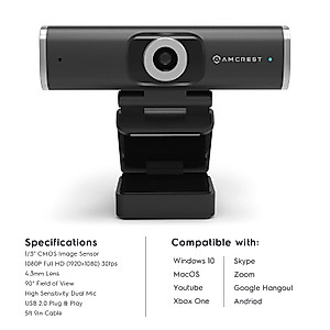 Amcrest 1080P Webcam with Microphone for Desktop, Web Cam Computer Camera, Streaming HD USB Web Camera for Laptop & PC with Privacy Cover, Wide Angle Lens, Superior Low Light (AWC195-B)