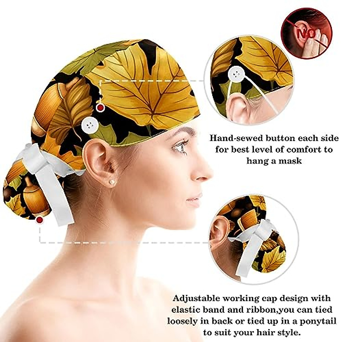 Thanksgiving Acorn Working Cap with Button Sweatband Adjustable Tie Back Bouffant Hats with Scrunchie