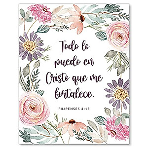 Filipenses 4:13 Wall Art En Espanol - Todo Lo Puedo En Cristo Que Me Fortalece - Floral Christian Decor In Spanish - 8x10 - Unframed