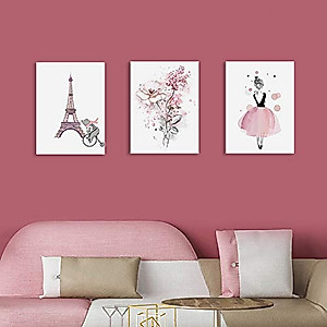 Wuxianghong Eiffel Tower Wall Decor Girls Pink Theme Room, Paris Wall Art Princess Girl Flowers Bedroom Decor,Canvas Art Framed Posters Paintings