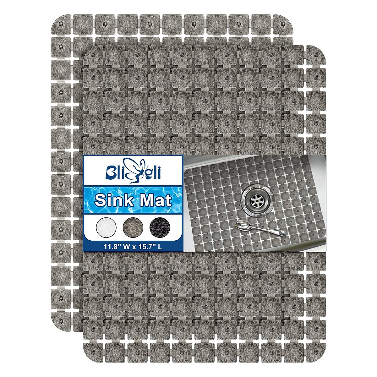Bligli Sink Mat for Stainless Steel/Ceramic Sinks, 2 Pack 15.7x11.8 inches PVC Sink Protectors for Bottom of Kitchen Sink, Dishes and Glassware drain Mats, Durable and Fast Draining (Clear Grey)