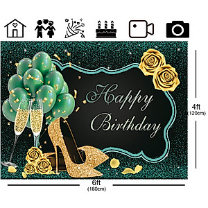 Bellimas Happy Birthday Backdrop Green and Black Women Birthday Party Banner High Heels Champagne Gold Rose Background Birthday Prom Party Supplies