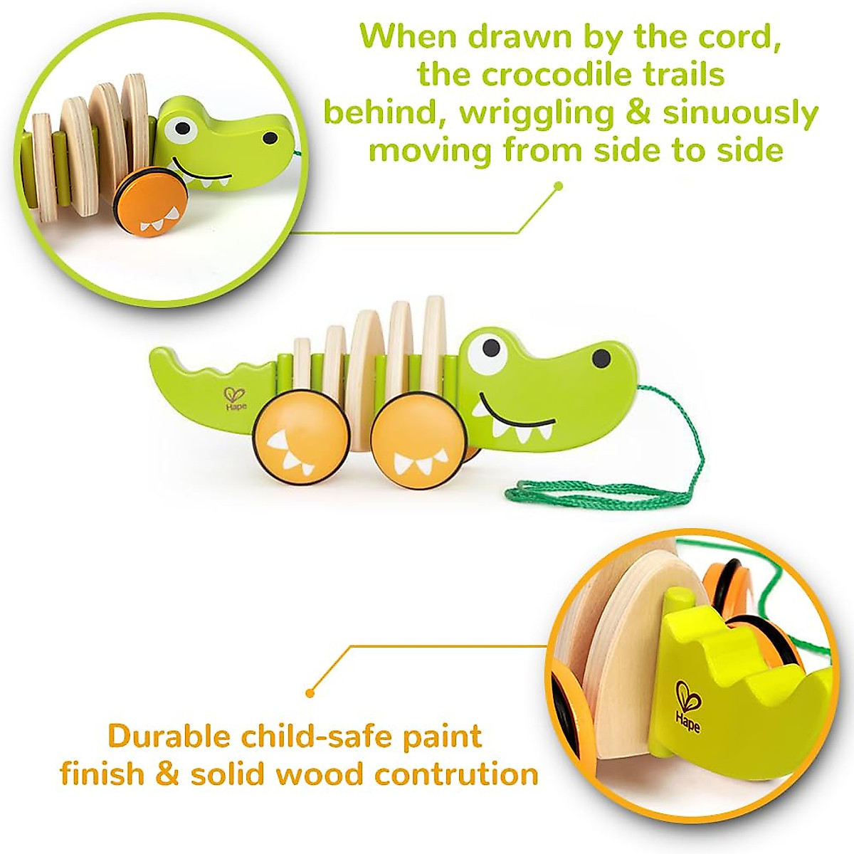 Hape Wooden Walk-A-Long Croc for Babies| Pull & Pull Walking Toy for Toddlers 12 Months and Up