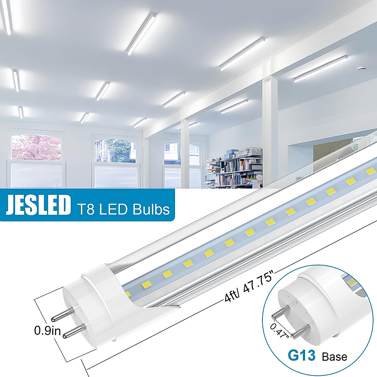 JESLED 4FT LED T8 Type A+B Tube Lights, 12W(50W Equivalent), 2400LM High Output, 6000K, Plug and Play or Ballast Bypass, Double End Powered, 4 Foot T10 T12 Fluorescent Bulbs Replacement, Clear(4-Pack)