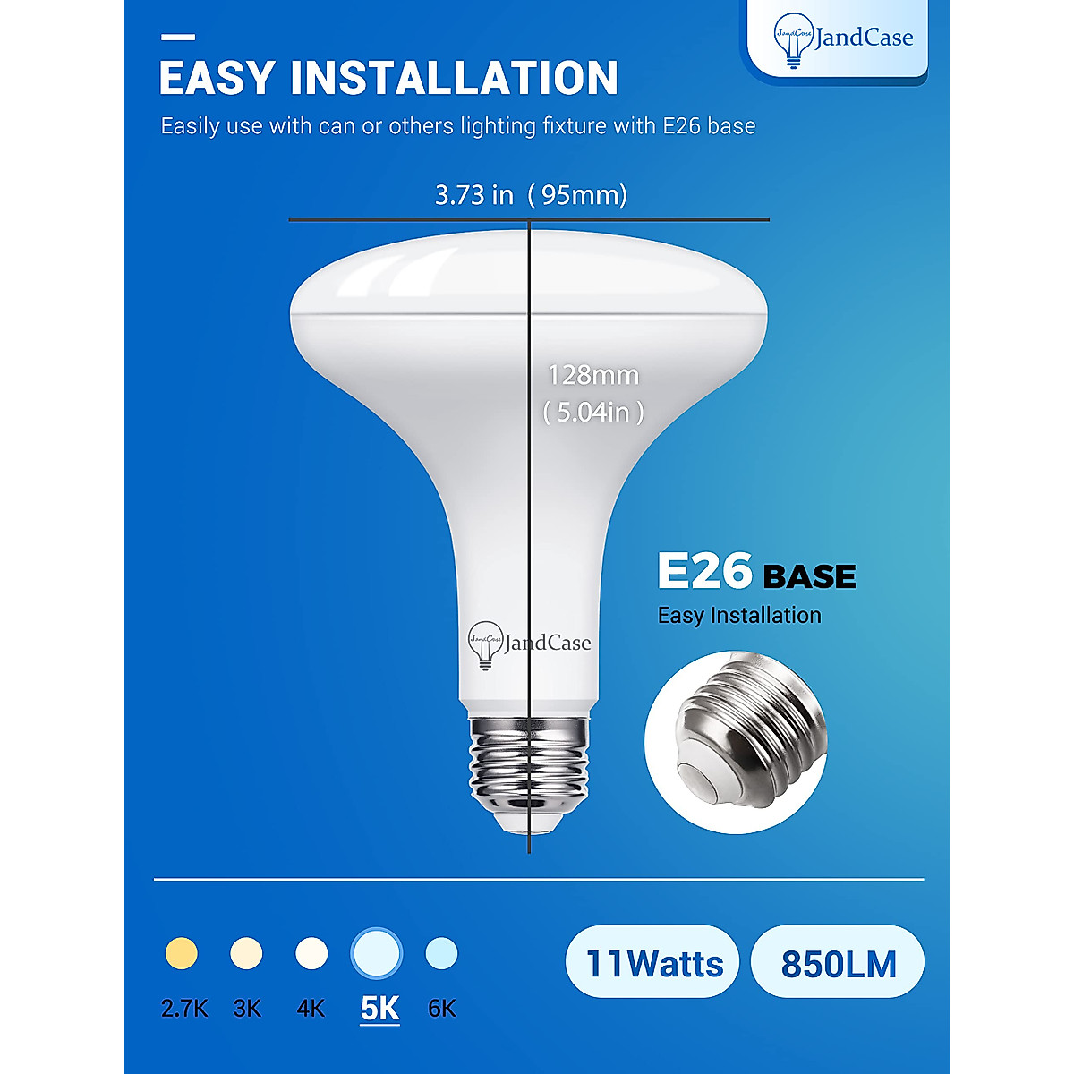 JandCase BR30 LED Flood Light Bulbs, Indoor Flood Light Bulbs, E26 Base, Dimmable, 11W(65W Equivalent), 5000K Daylight White, 850lm, UL & Energy Star Listed, 6 Pack