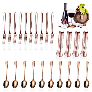 Cunhill 24 Pcs Charcuterie Accessories Mini Cocktail Tongs Small Serving Spoons and Appetizer Forks Stainless Steel Tongs Charcuterie Utensils for Valentine's Day Party(Rose Gold, Vivid Sharp Spoon)