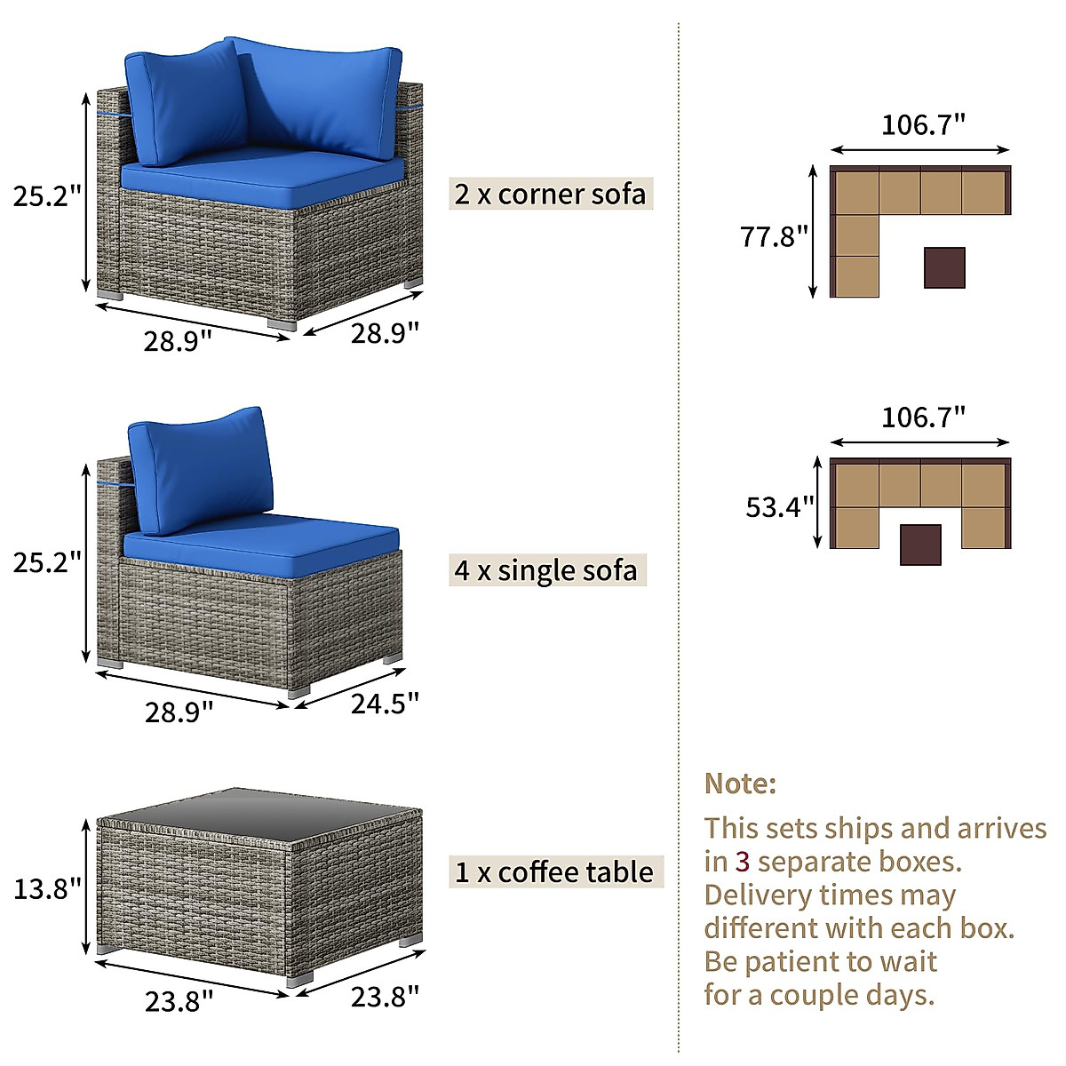 Tradare Patio Furniture Set, 7 Pieces Modular Outdoor Couch, Wicker Patio Sofa Conversation Set with Glass Table and Blue Cushion, All Weather Patio Sectional Furniture Set