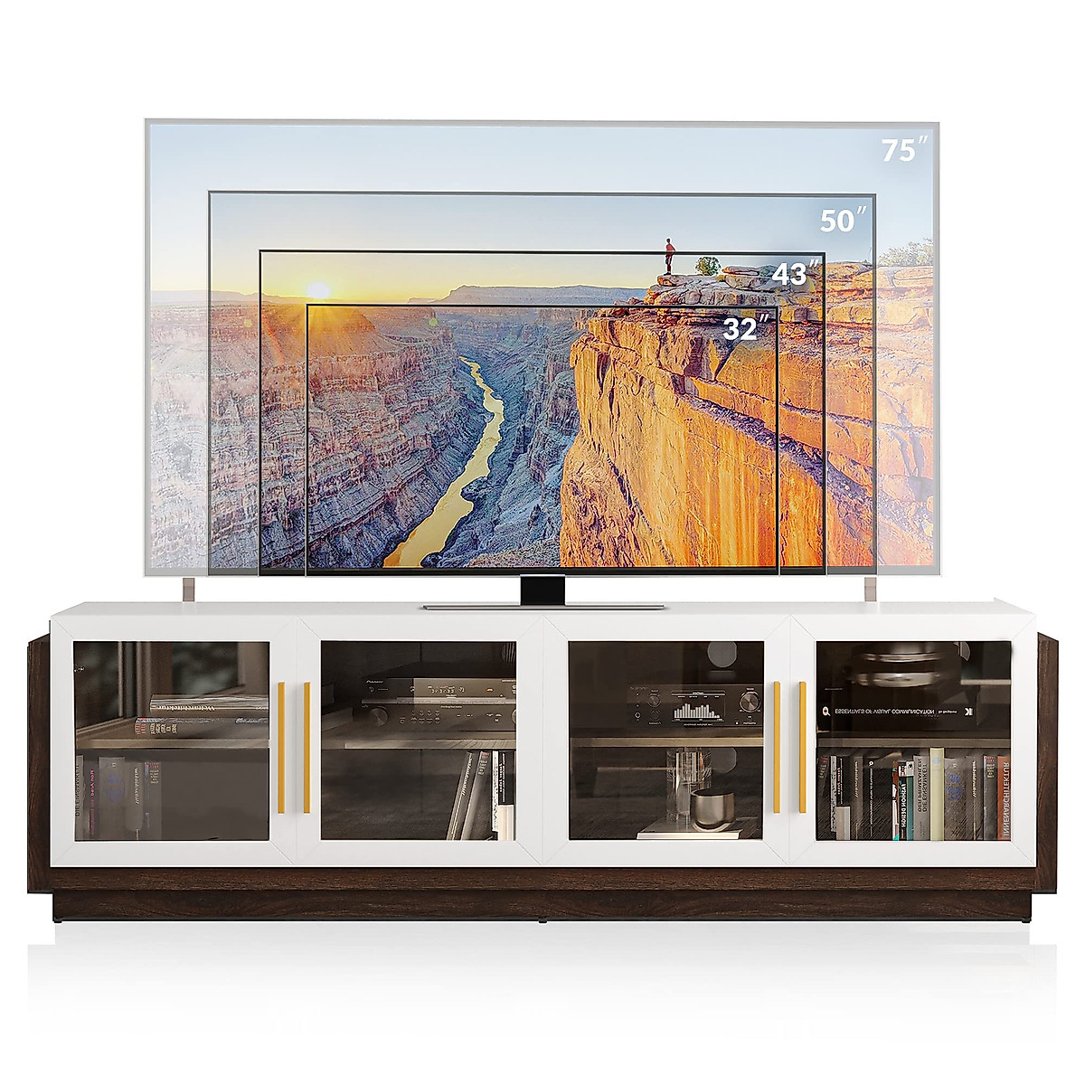 BELLEZE 70" TV Stand for TVs up to 75", Modern TV Cabinet & Entertainment Center with Shelves, Wood Storage Cabinet for Living Room or Bedroom - Brixston (White)