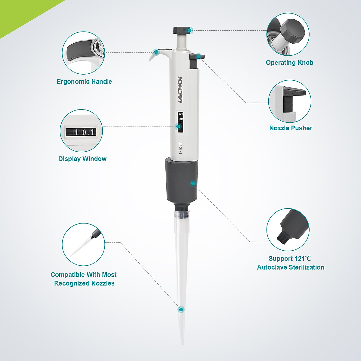 LACHOI Lab Single Channel Pipettor Adjustable Variable Volume,1-10ml High Accurate Micropipette for Laboratory