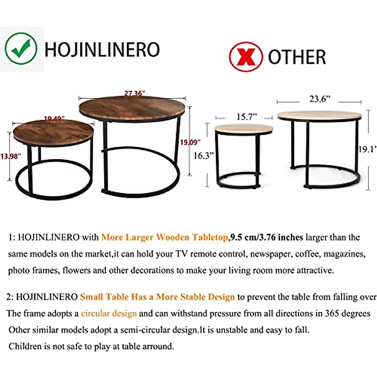 HOJINLINERO Industrial Round Coffee Table Set of 2 End Table for Living Room,Stacking Side Tables, Sturdy and Easy Assembly,Wood Look Accent Furniture with Metal Frame,Black+Rustic Brown