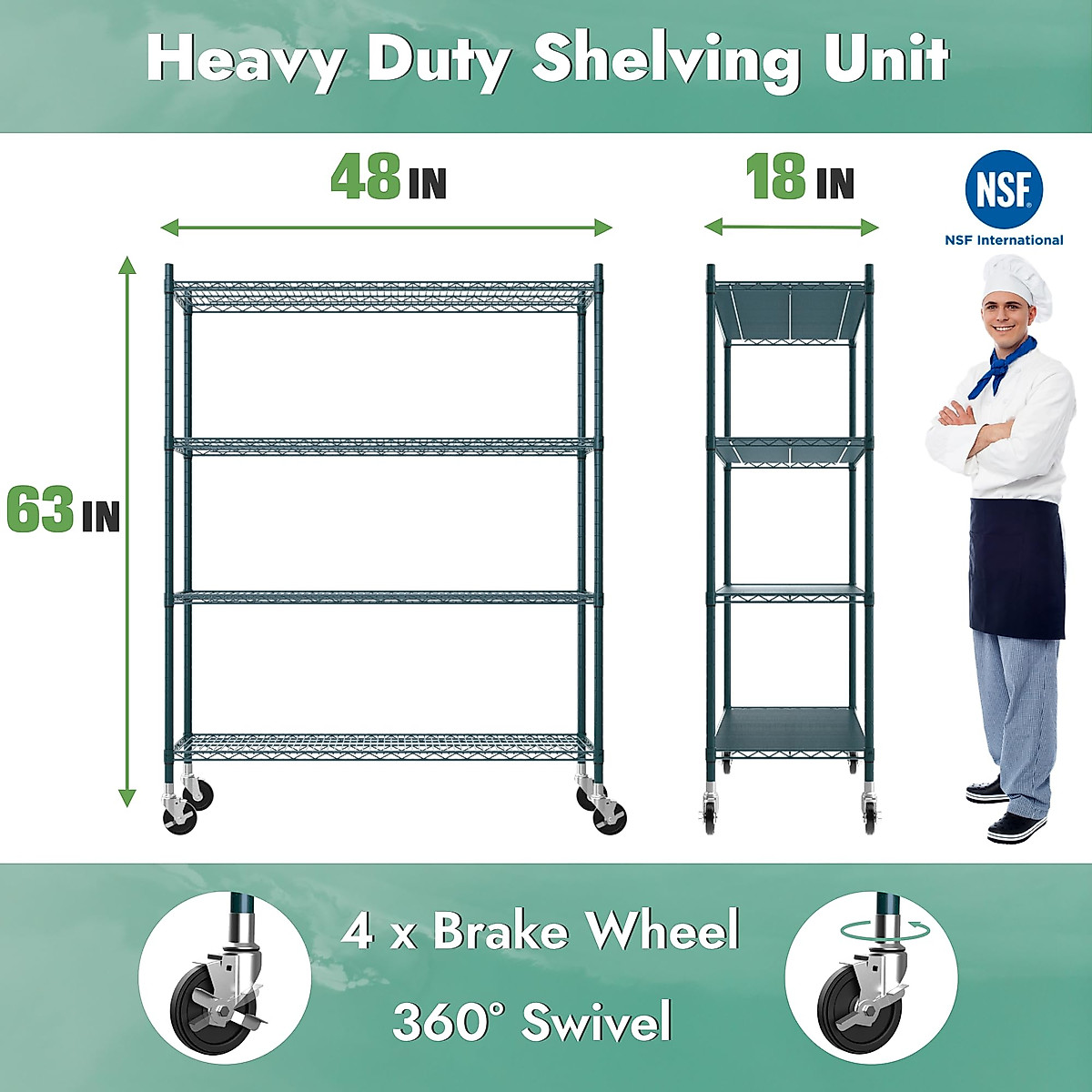 APLSS NSF 4-Tier Green-Epoxy Storage Shelves, 18"x48"x63", Moist&Dry Enviroments, Commercial Heavy Duty Steel Wire Shelving Unit with Wheels, Walk-in Cooler&Freezer Dishroom Kitchen