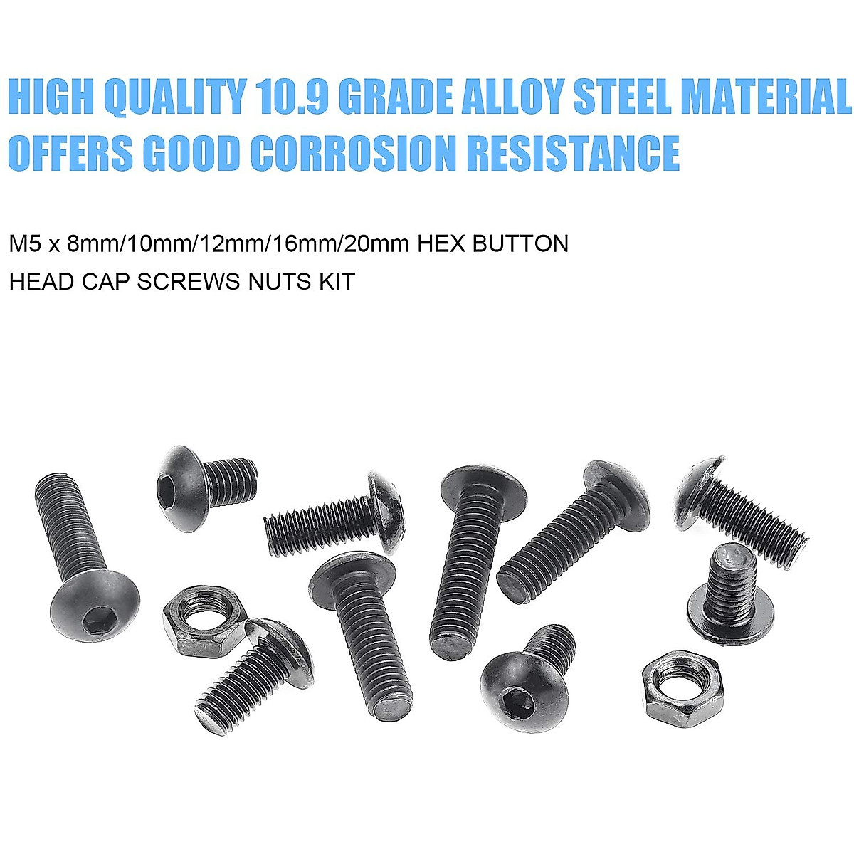 DYWISHKEY 150 Pieces M5 x 8mm/10mm/12mm/16mm/20mm, 10.9 Grade Alloy Steel Hex Button Head Cap Bolts Nuts Kit with Hex Wrench