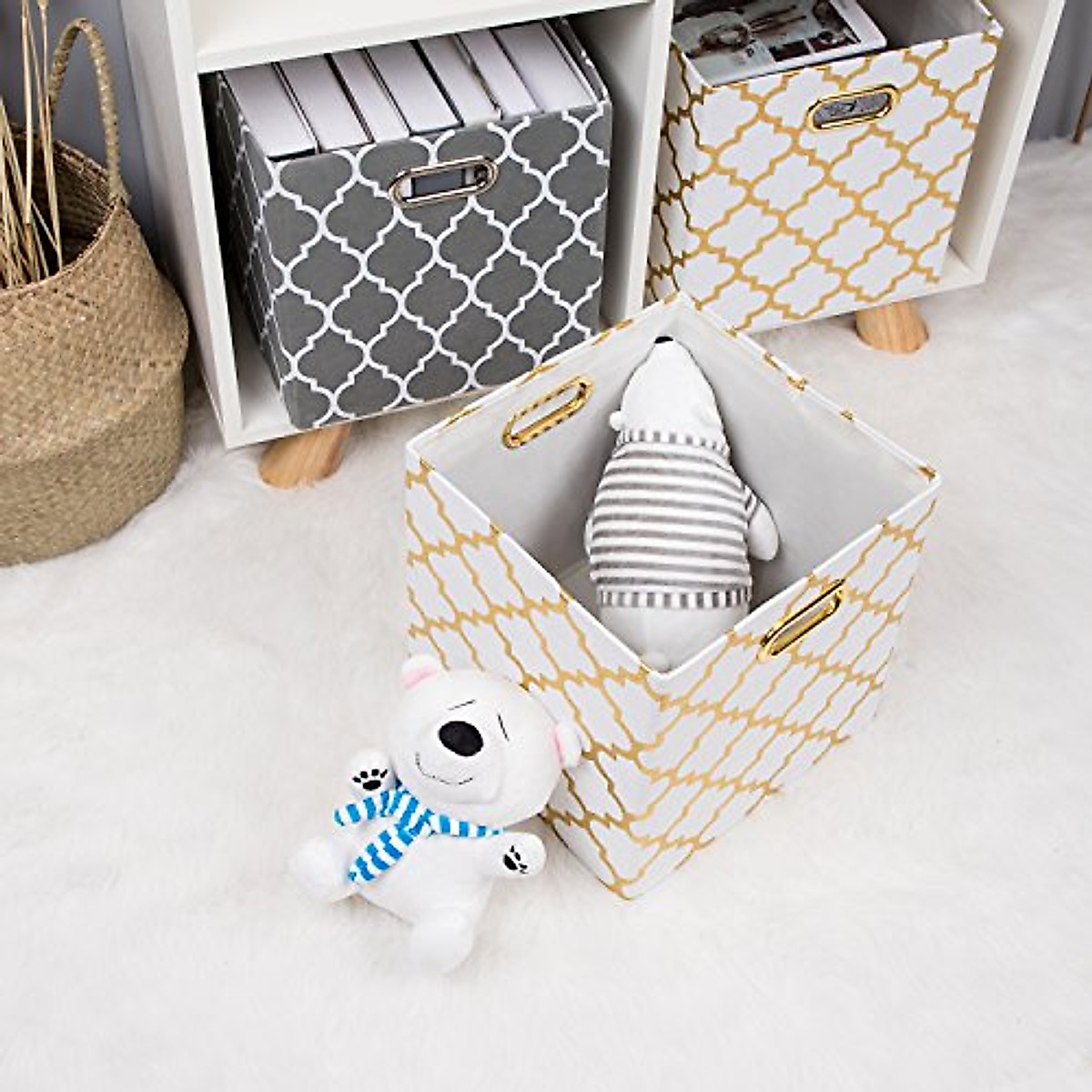 Posprica Collapsible Storage Bins,11×11 Fabric Storage Baskets, Set of 4, Cream-Gold Lantern