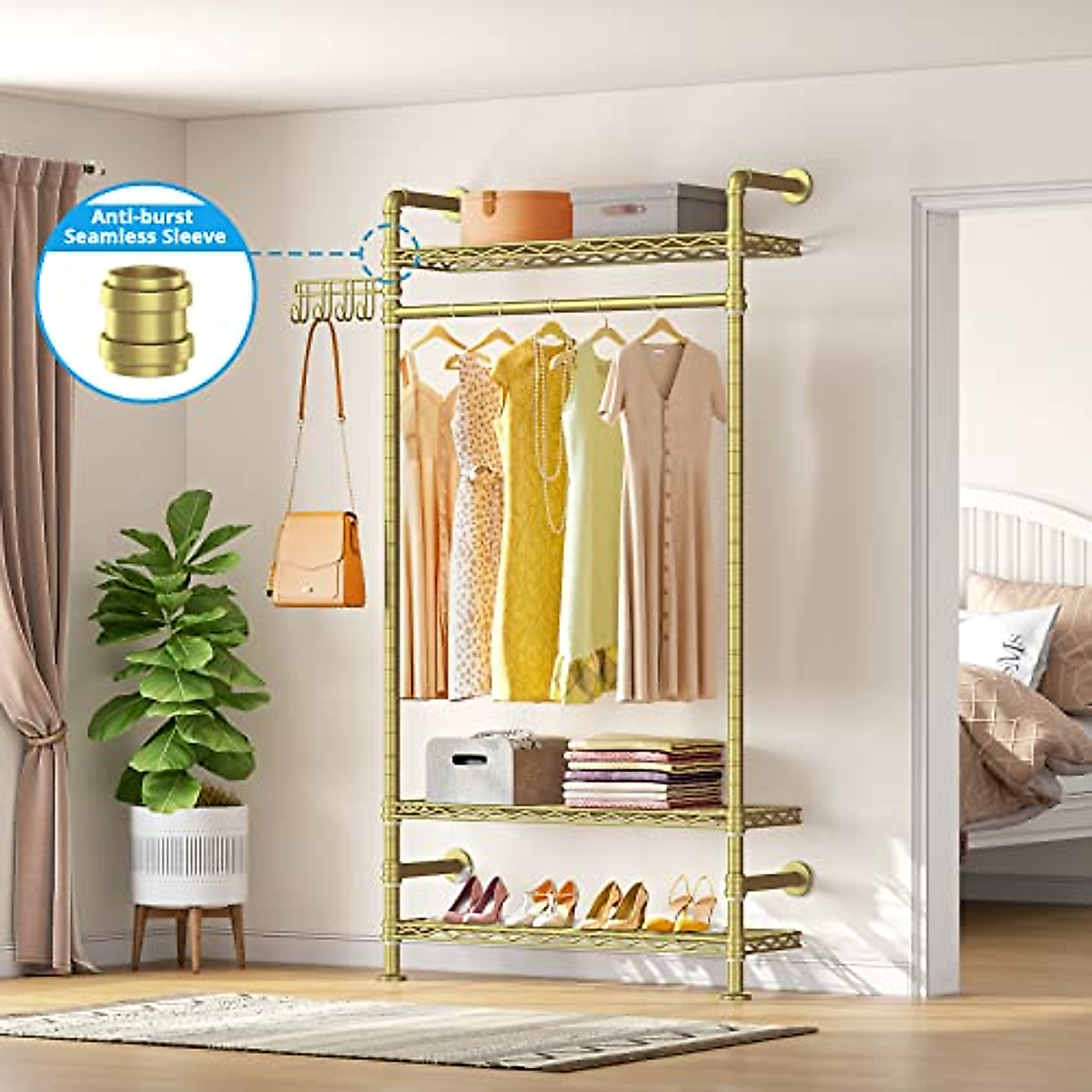 Timate F1 Pipe Clothes Rack Wall Mount Heavy Duty Closet Organizer System Hanging Closet Rack for Clothes, Closet Kit Walk in Closet Systems, Adjustable Storage Closet Shelves Wardrobe Closet, Gold
