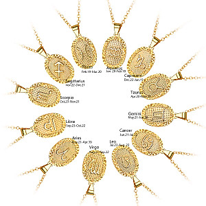 FOCALOOK Custom Aries Gold Necklace for Women Oval Shaped Carved Medallion Constellation Zodiac Sign Jewelry 20-22"