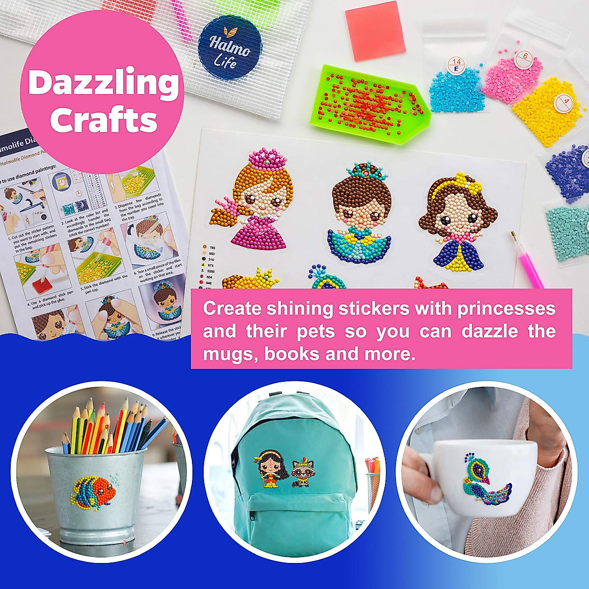 Halmolife 5D Diamond Painting Stickers Kits for Kids and Adult Beginners Gem Paint by Numbers Diamonds Arts for Boys and Girls Ages 6 7 8-12 DIY Princesses kit with Dots Gifts for Kid