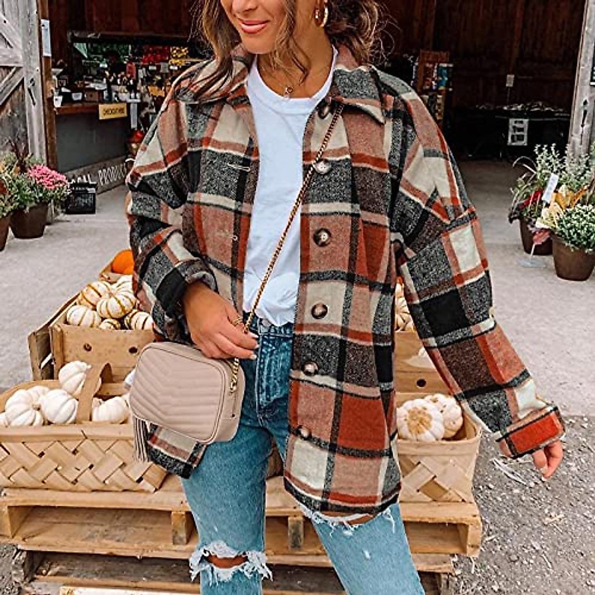Flannel Shacket Women,Brushed Plaid Shirts Long Sleeve Lapel Corduroy Button Down Pocketed Shacket Jacket Coats,Shacket Jacket Women Plaid Orange Long Sleeve Shirts for Women