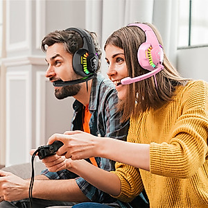 Wired Gaming Headset with Rainbow RGB Backlight Retractable Noise Isolating Microphone Stereo Sound Deep Bass Memory Foam Earmuff Over Ear Headphone for PS4 Xbox One Switch PC Mac Gamer Music (Pink)