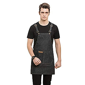 Denim Cross-Back Chef Bib Apron with Pockets for Men and Women (Black Stripe)