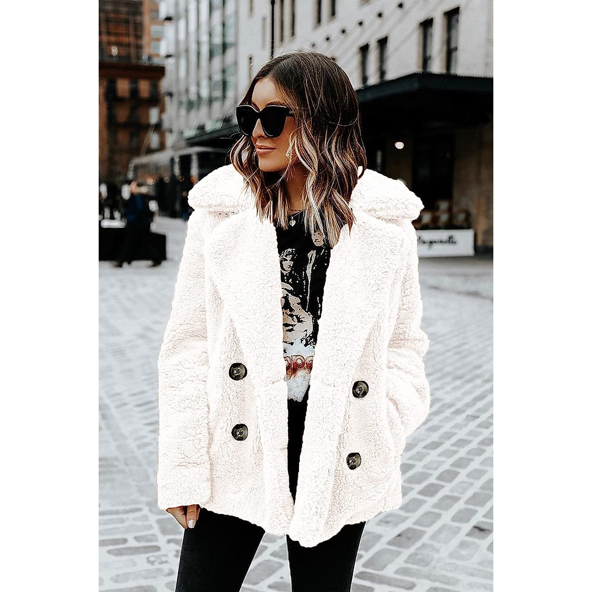 PRETTYGARDEN Women's Fashion Winter Coat Sherpa Fleece Faux Fur Shearling Oversized Trendy Jackets Warm Outerwear (Style Two White,Medium)