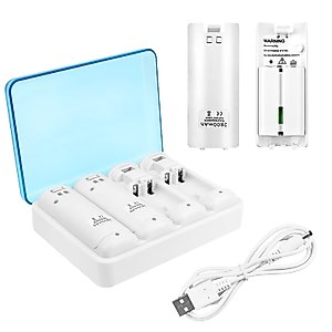 4-in-1 Charging Station for Wii & Wii U Remote Controller, 4 Pcs Rechargeable 2800 mAh Battery Packs with USB Cable Compatible for Wii/Wii U Remote Game Contoller (White)