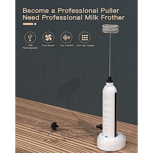 Milk Frother Handheld, USB Rechargeable Milk Foam Maker with 3 Stainless Whisks, Mini Blender Mixer 3 Speeds Adjustable for Coffee, Latte, Cappuccino, Matcha, Hot Chocolate, Egg, White